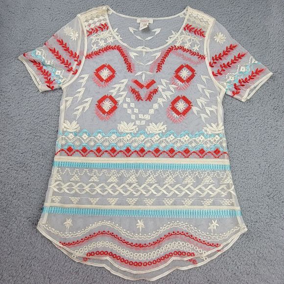 Sundance Tops Womens Sundance Top Embroidered Sheer Mesh Ss Shirt Boho Small Red Blue Ivory